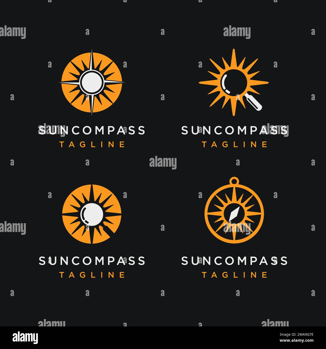 Sun compass and magnifying glass logo icon on white background Stock ...