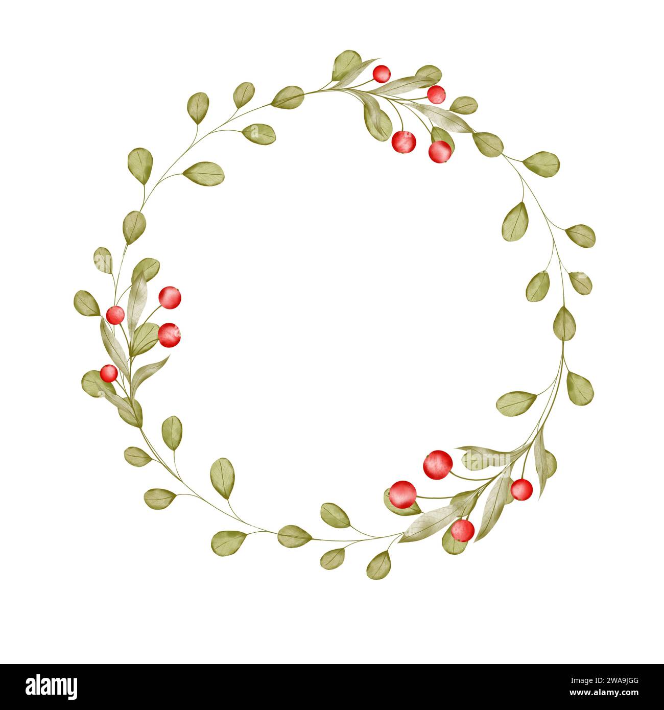 round watercolor frame with delicate green branches with red berries ...