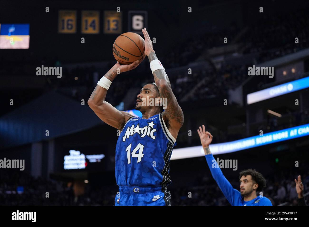 Orlando Magic guard Gary Harris (14) shoots a 3-pointer against the ...