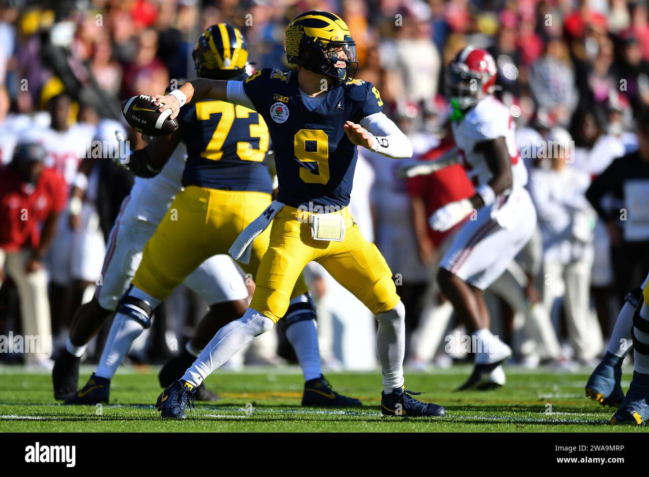 PASADENA, CA - JANUARY 01: QB J.J. McCarthy (9) of the Michigan Wolverines throws a pass during ...