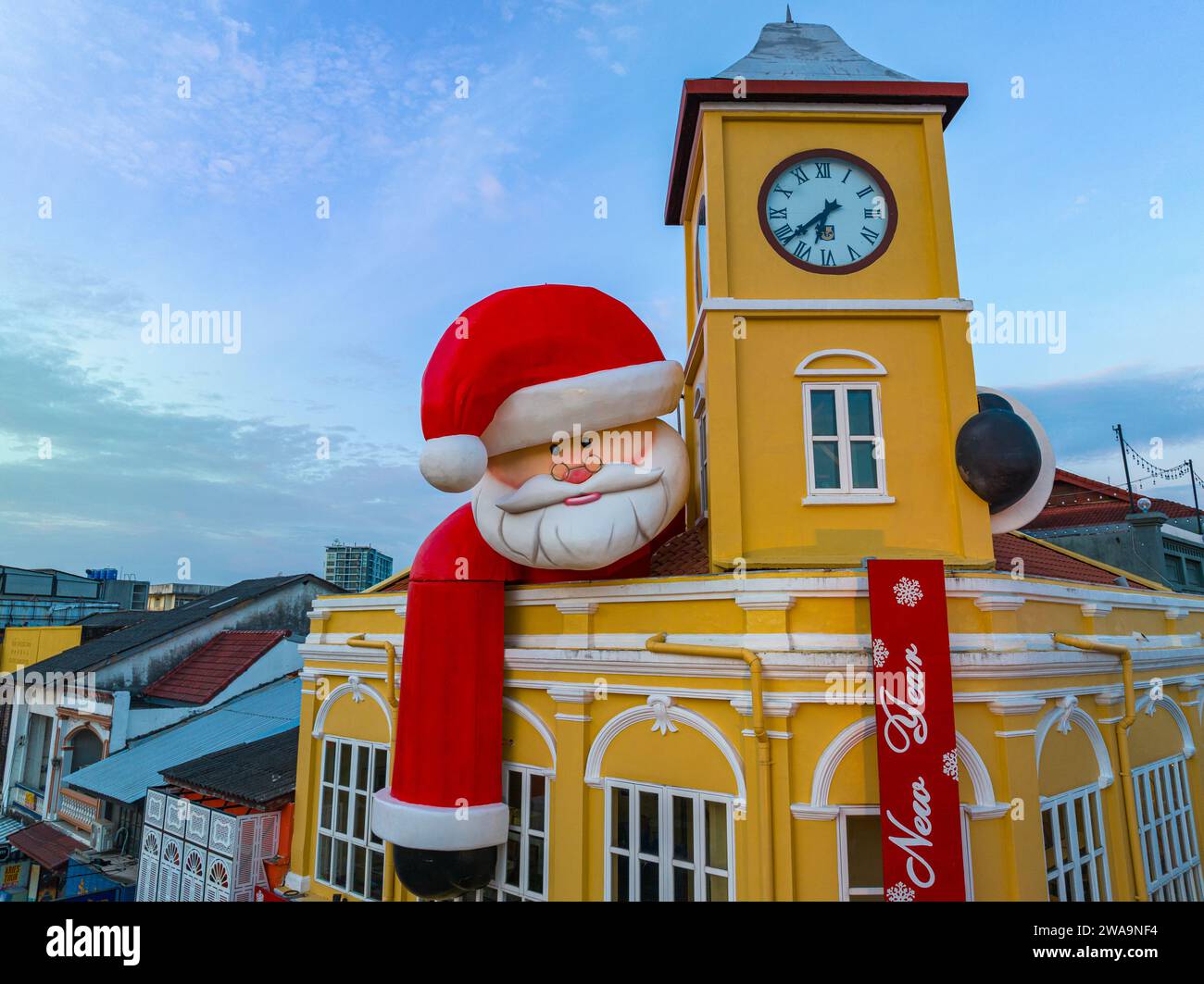 Phuket,Thailand-December,31,2023: aerial view decoration Santa Claus ...
