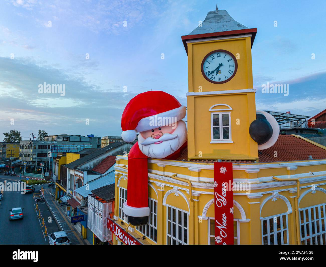 Phuket,Thailand-December,31,2023: aerial view decoration Santa Claus ...
