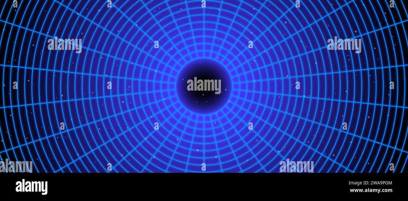 Blue glowing wireframe tunnel. Neon wormhole in dark space with stars ...