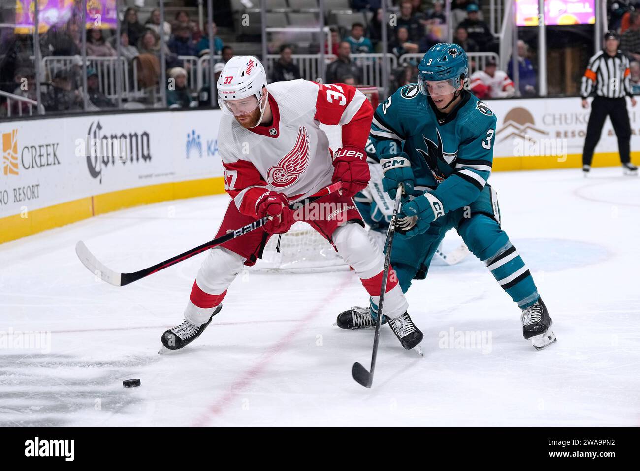 Detroit Red Wings left wing J.T. Compher (37) works for the puck ...