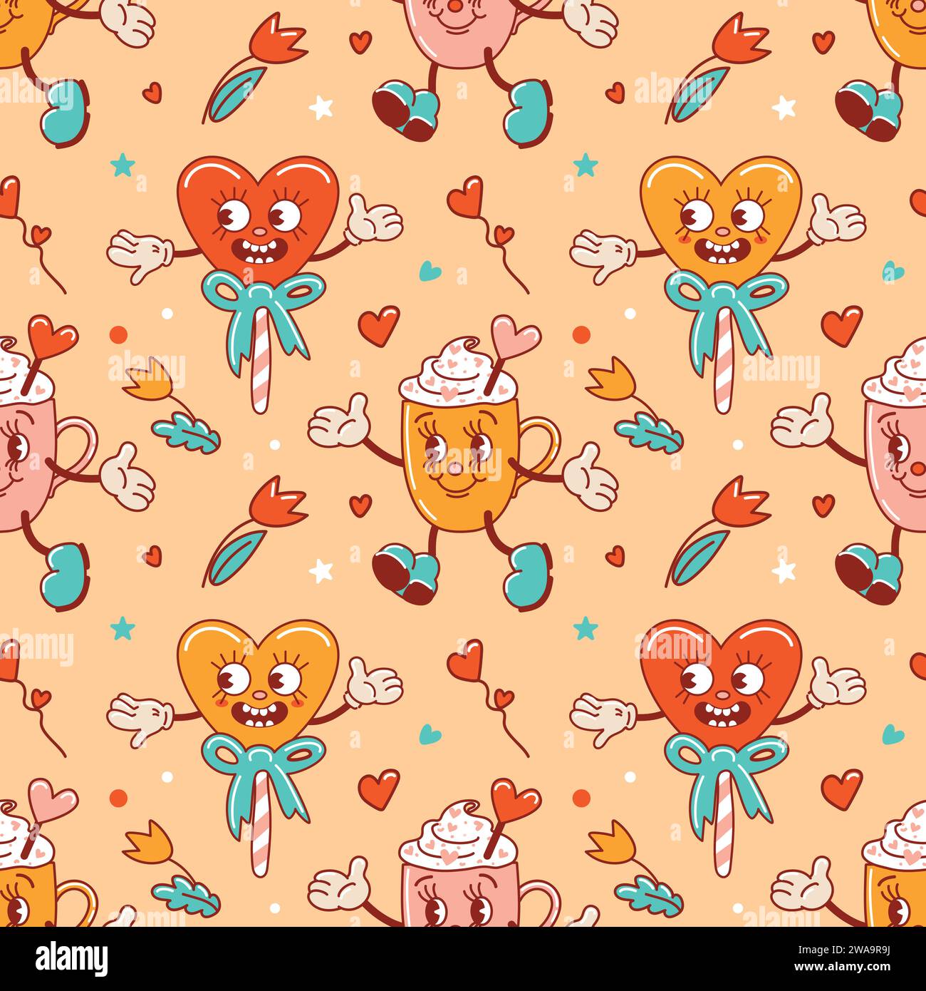 Seamless pattern for Valentines Day. Characters in old retro cartoon ...