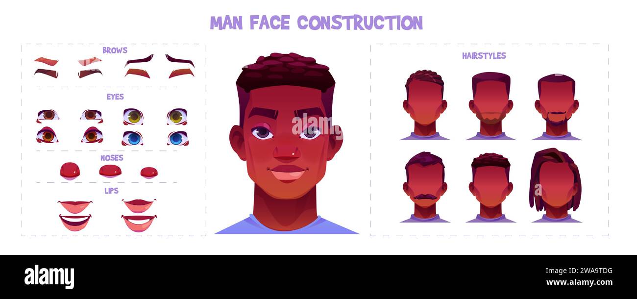 African American male face constructor set for game avatar. Vector ...