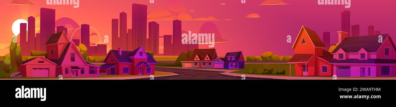 Town street against sunset city background. Vector cartoon illustration ...