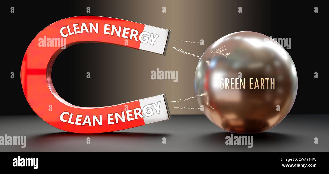 Clean energy attracts Green earth. A metaphor showing clean energy as a ...