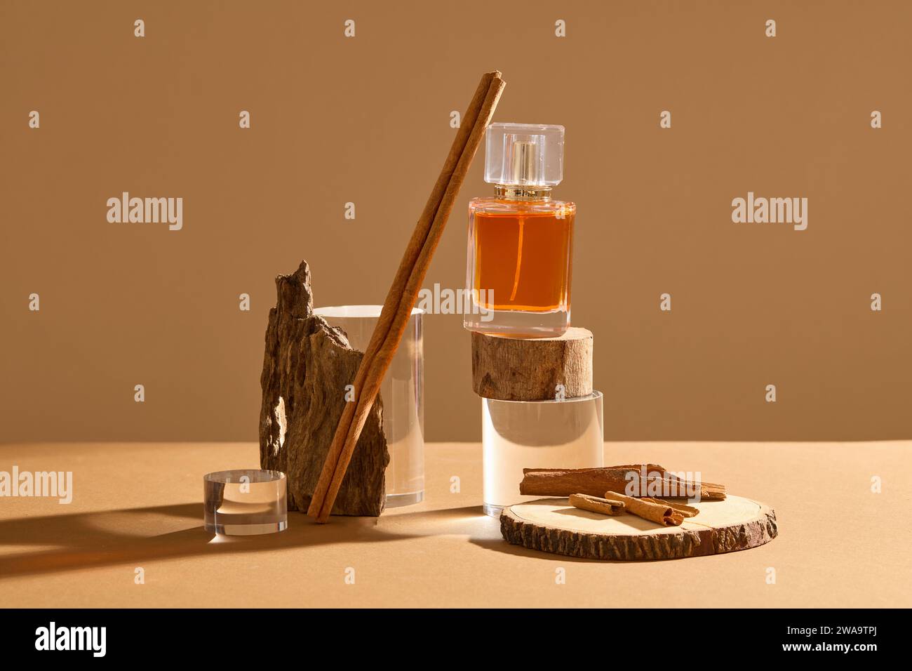 Many cinnamon sticks featured on a piece of tree. A stack of cylinder ...
