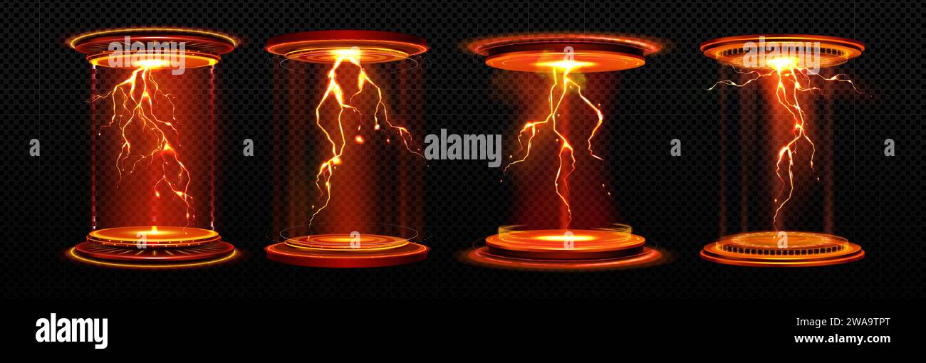 Red neon game portal with lightning and glow effect in realistic vector ...