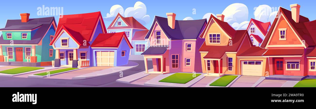Summer suburban landscape with house in row on street with green grass ...