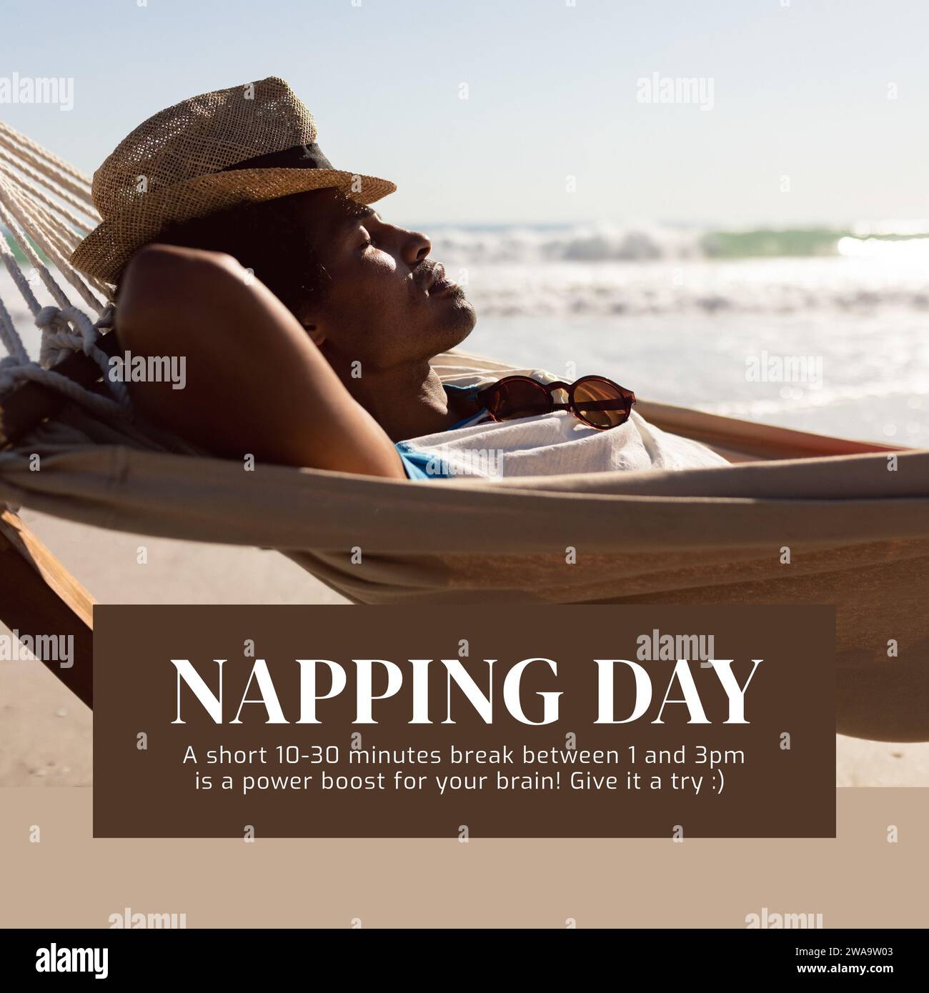 Composition of napping day text over biracial man sleeping in hammock ...