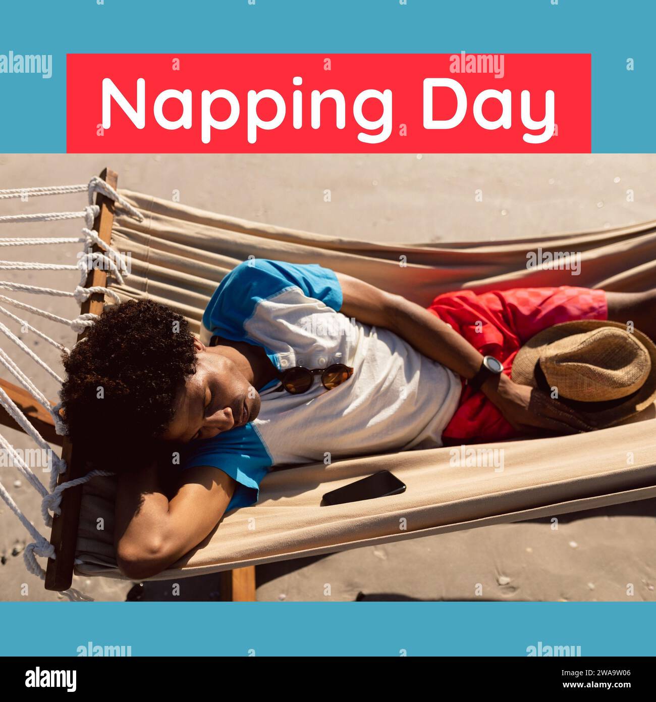 Composition of napping day text over biracial man sleeping in hammock ...