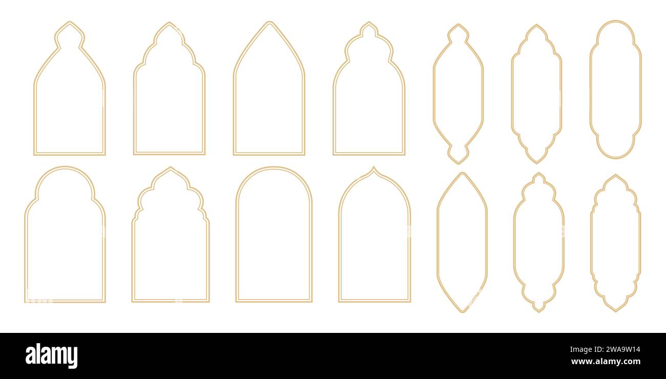 Set Islamic arch frame golden minimal line border isolated on white ...
