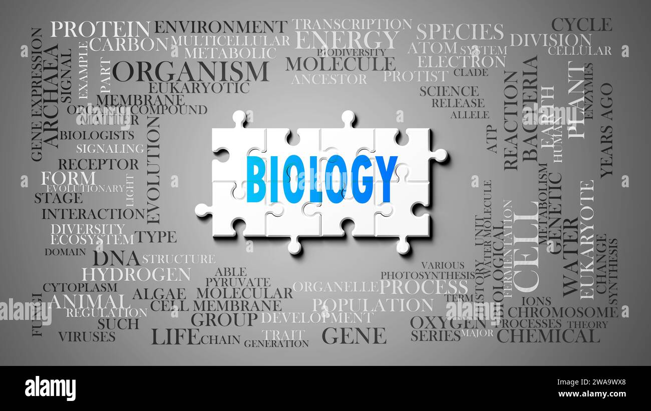 Biology - a complex subject, related to many concepts. Pictured as a puzzle and a word cloud ...
