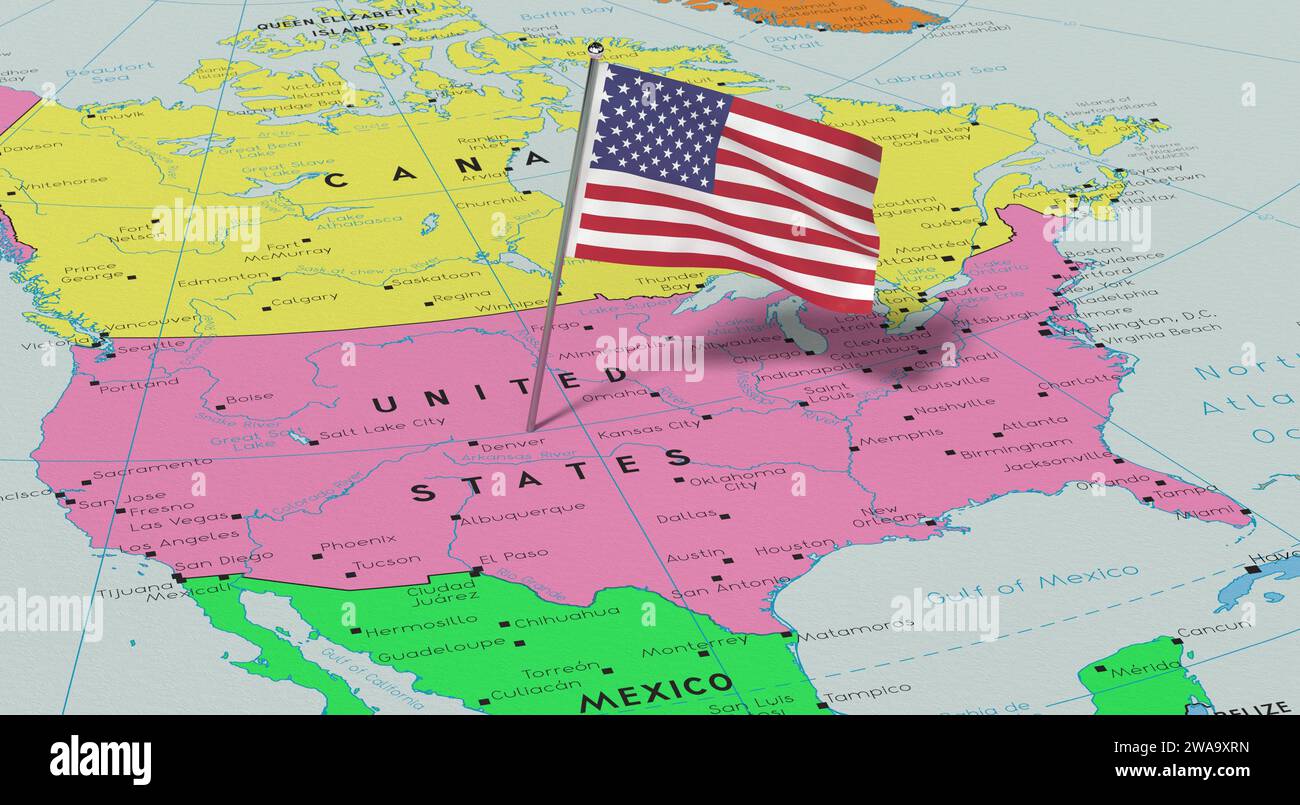 USA, United States of America - national flag pinned on political map ...