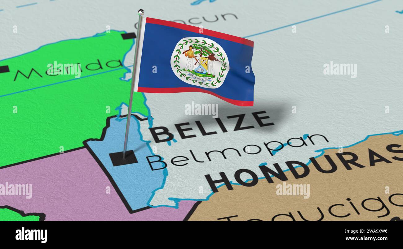 Belize, Belmopan - national flag pinned on political map - 3D ...