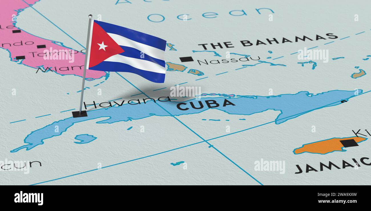 Cuba, Havana - national flag pinned on political map - 3D illustration ...