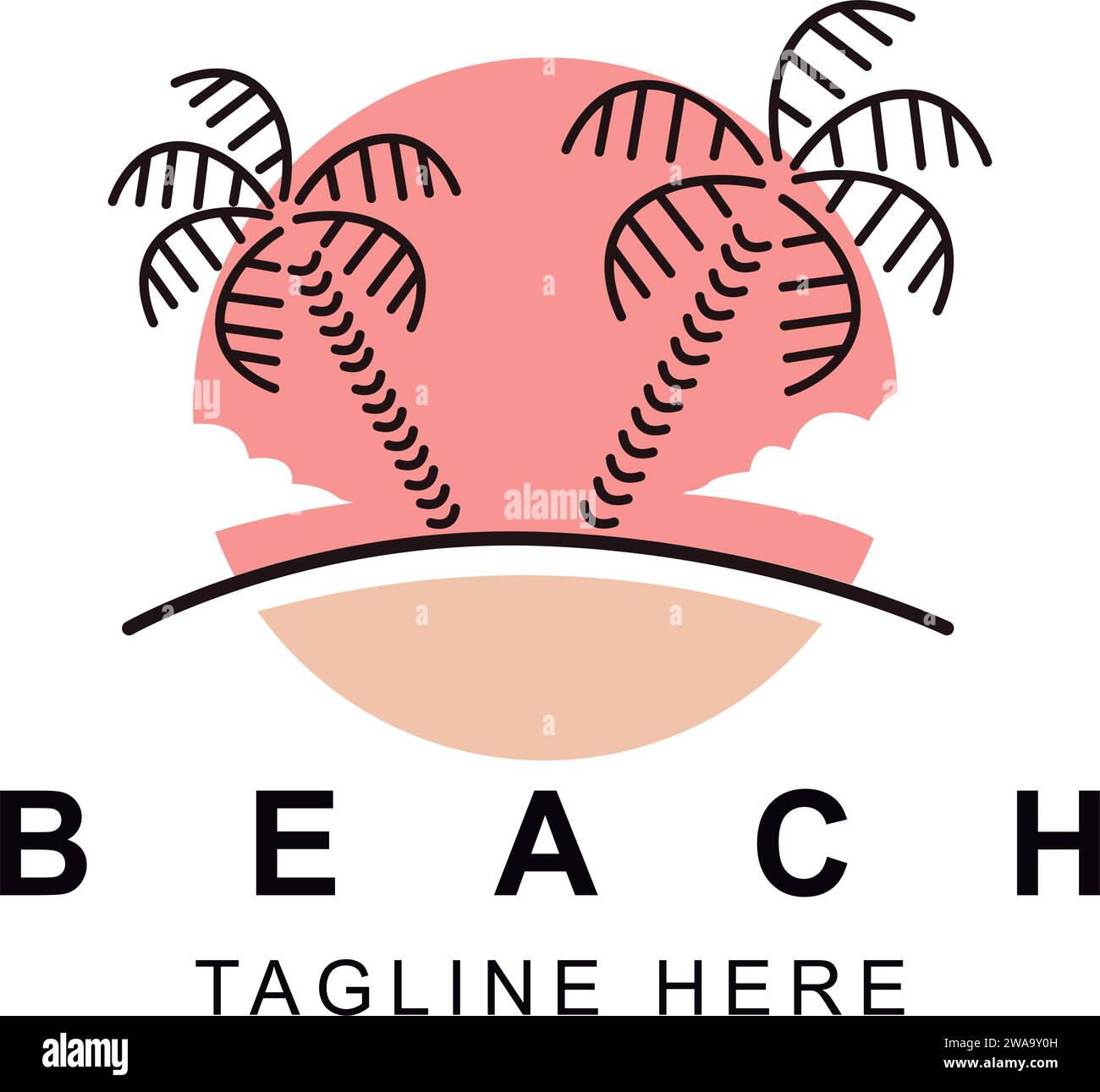 Sunset on the beach logo, with palm trees, sand, sky and clouds, with ...