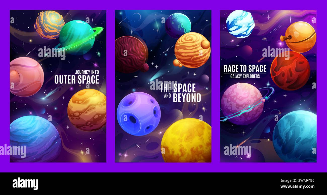 Cartoon fantasy galaxy space planets posters. Universe flight ...