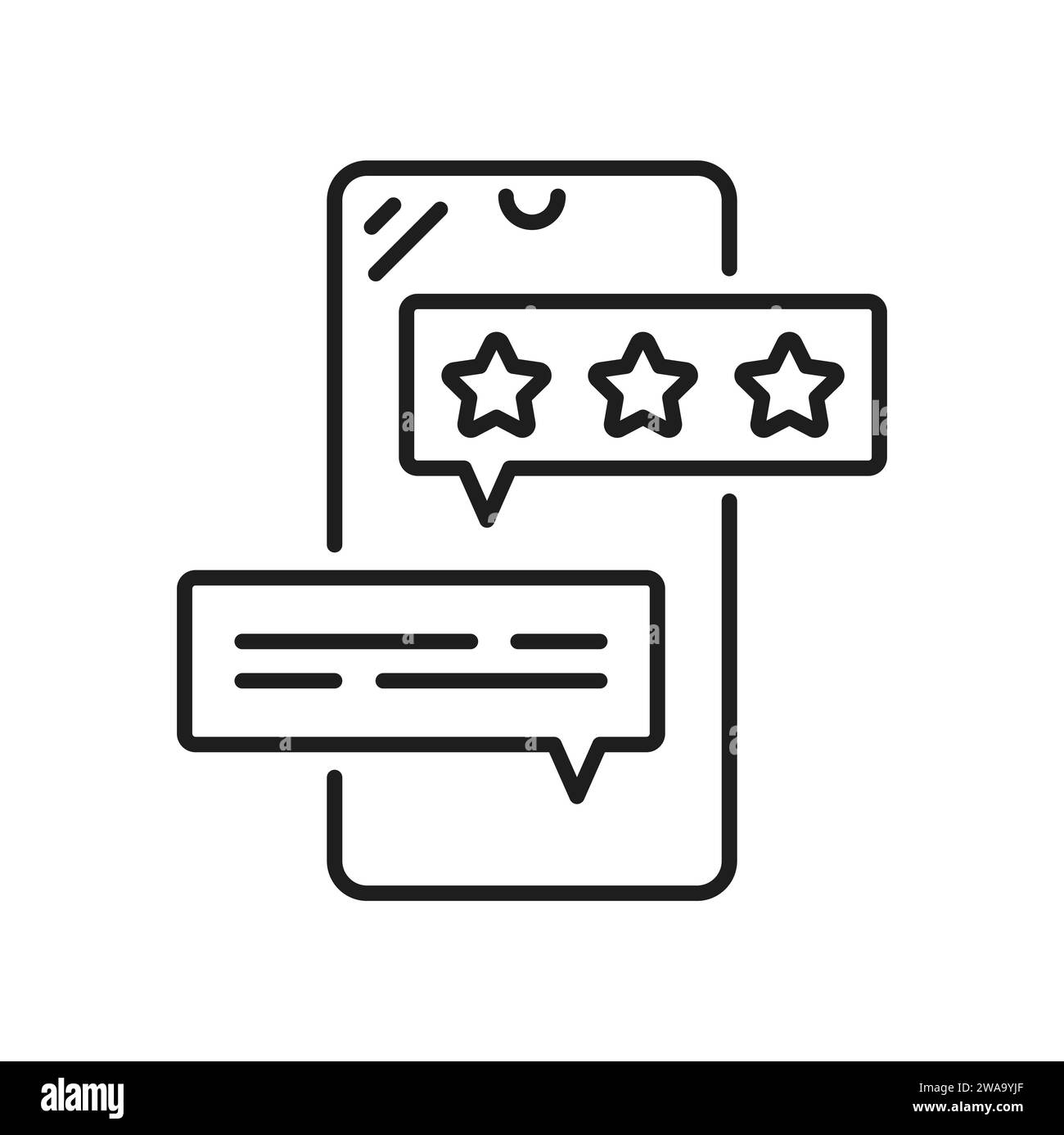 Review feedback, rating speech bubble on smartphone outline icon. Vector mobile phone reviews ...