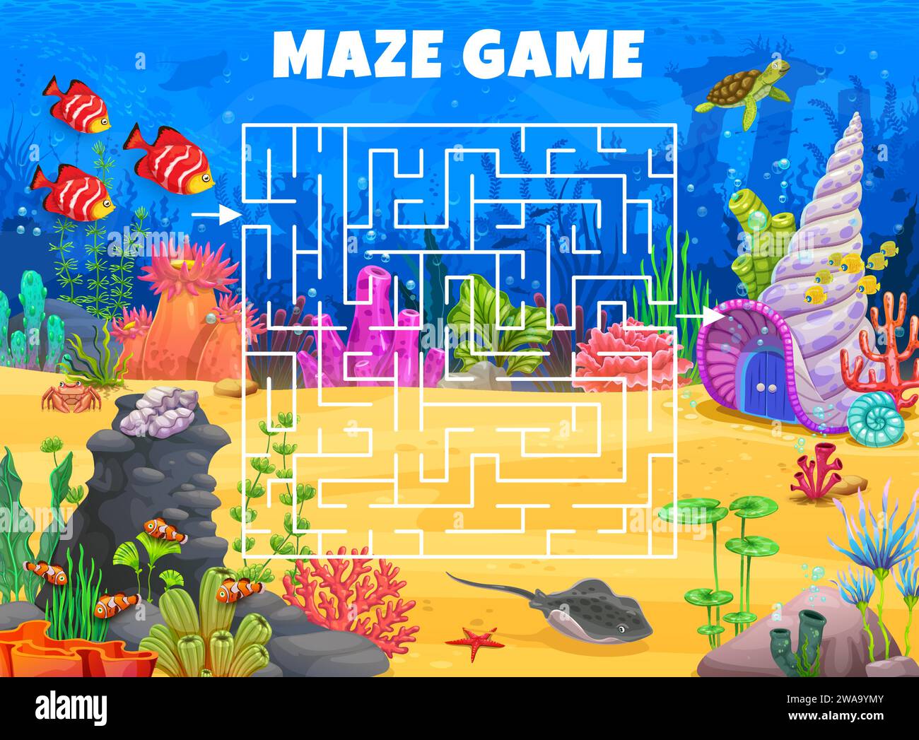Labyrinth maze game. Help to fish shoal find their underwater house ...