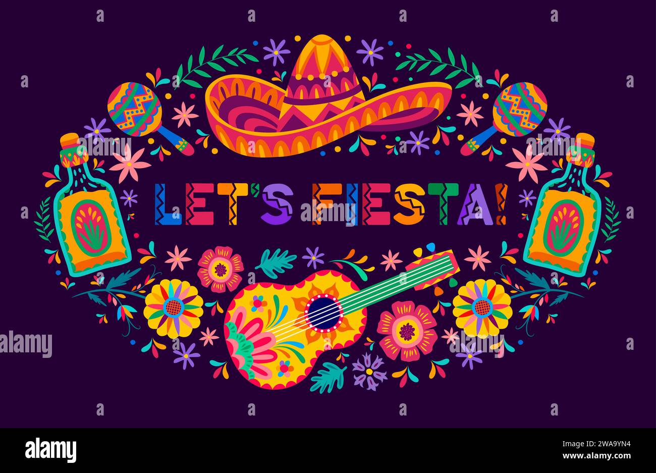 Mexican Let Us Fiesta Festival Banner With Sombrero Guitar And