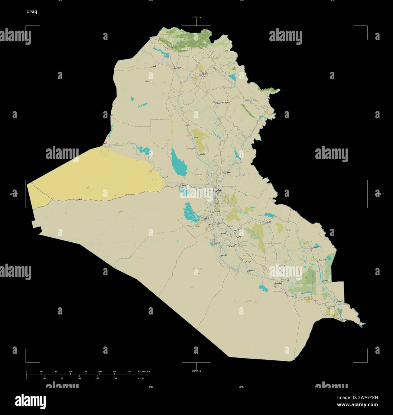 Shape of a topographic, OSM Humanitarian style map of the Iraq, with ...