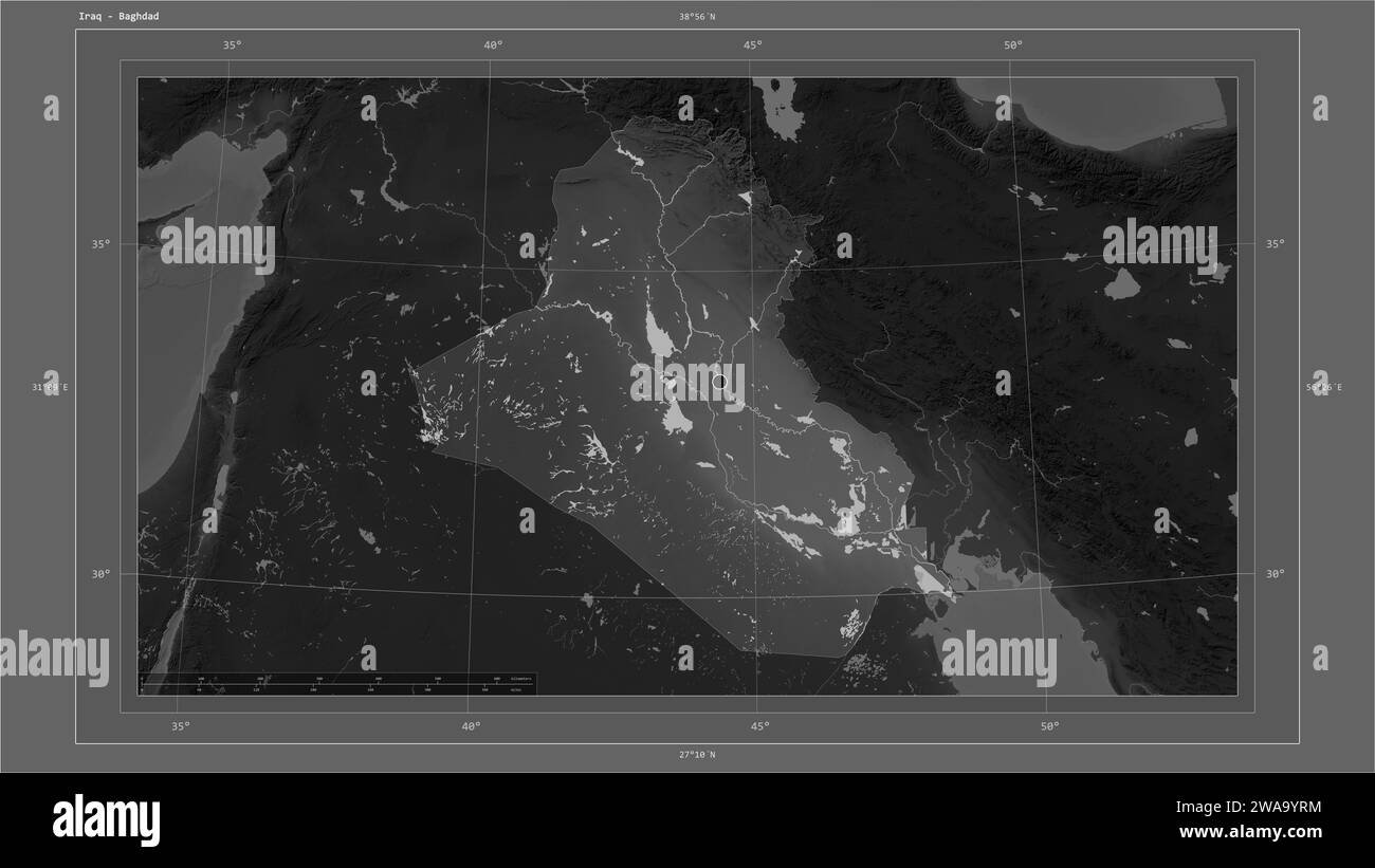 Iraq highlighted on a Grayscale elevation map with lakes and rivers map ...