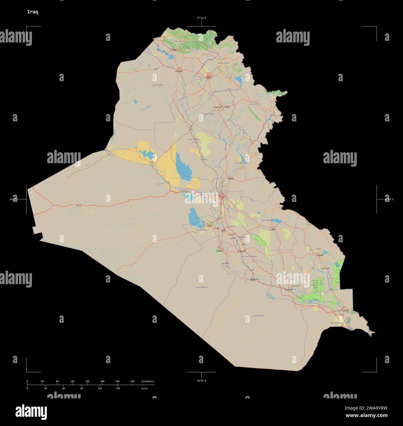 Shape of a topographic, OSM standard style map of the Iraq, with ...