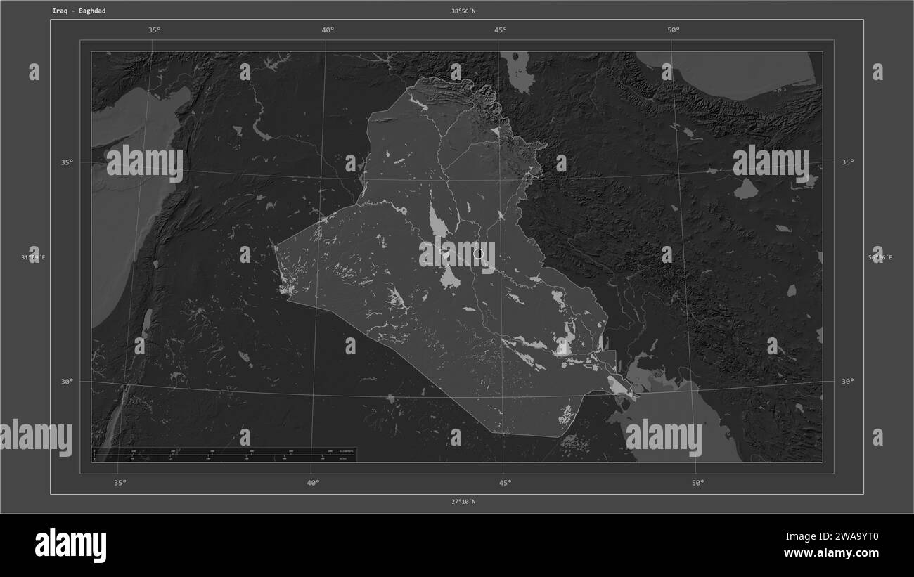 Iraq highlighted on a Bilevel elevation map with lakes and rivers map with the country's capital ...