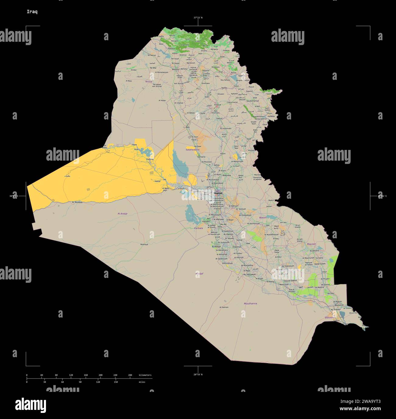 Shape of a topographic, OSM France style map of the Iraq, with distance ...
