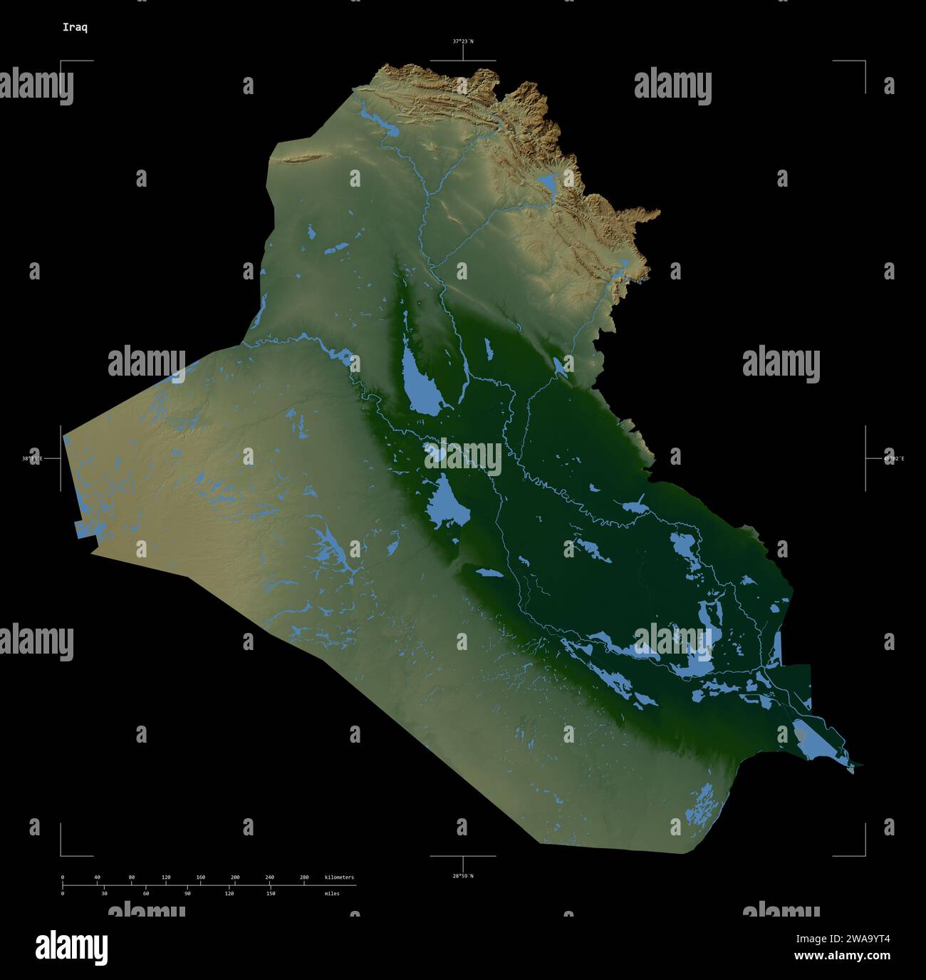 Shape of a Colored elevation map with lakes and rivers of the Iraq ...