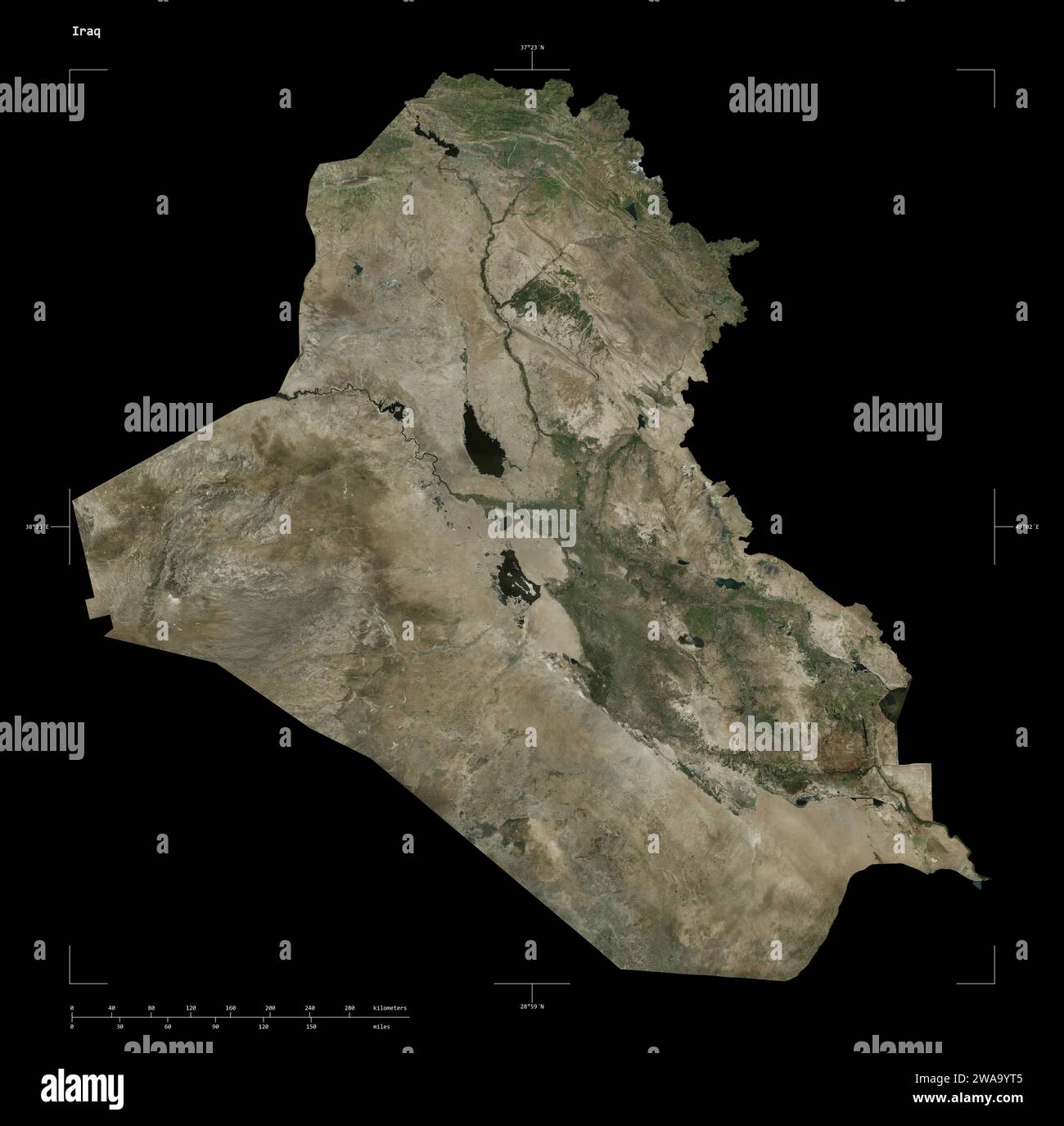 Shape of a high resolution satellite map of the Iraq, with distance scale and map border ...