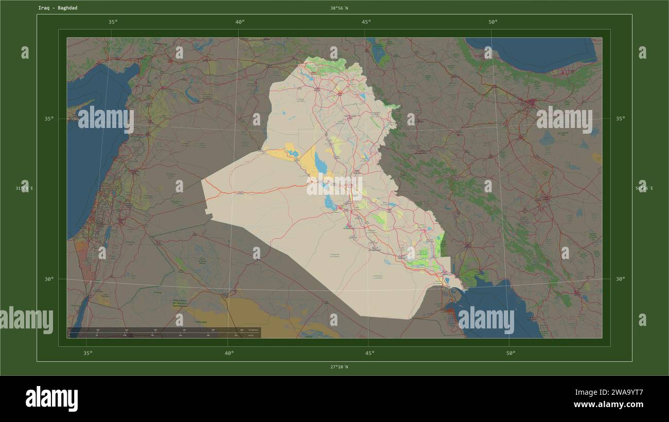 Iraq highlighted on a topographic, OSM Germany style map map with the country's capital point ...