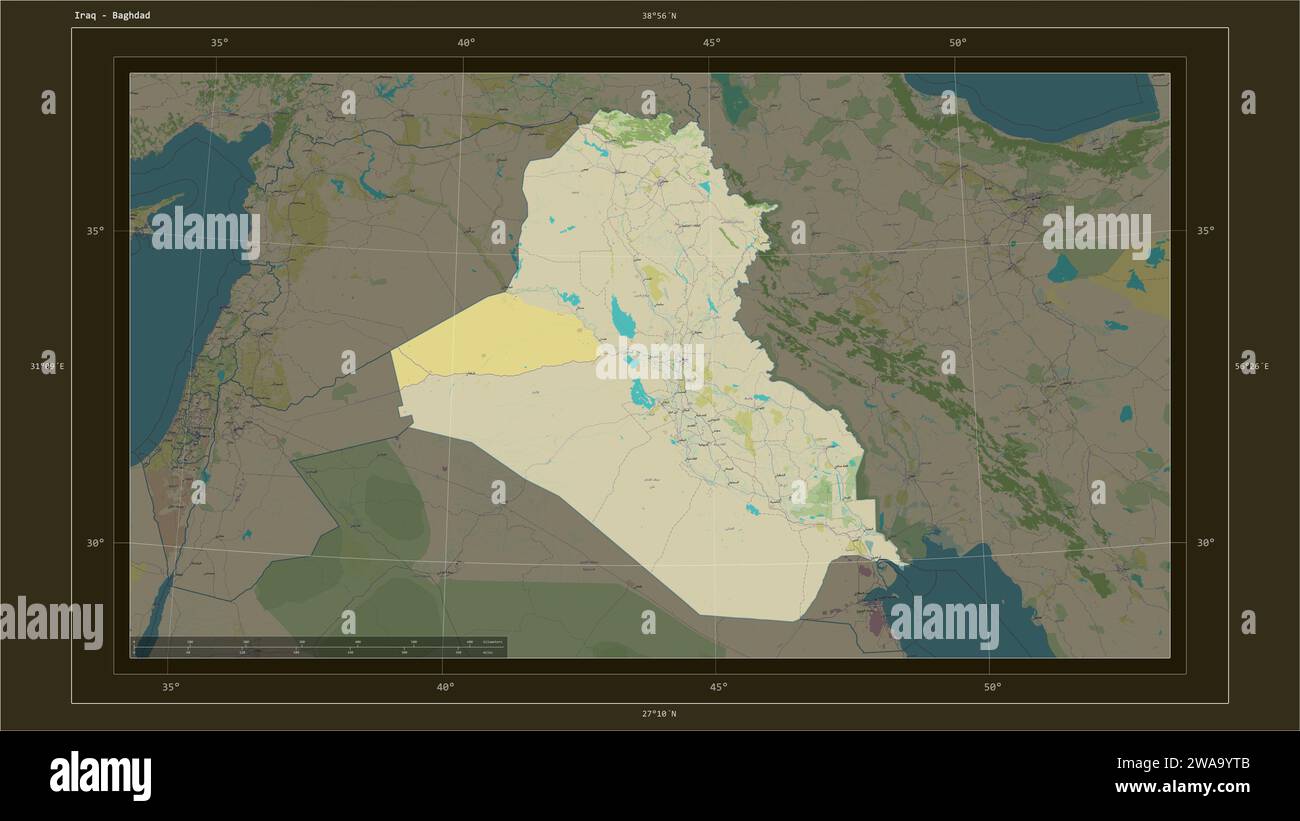 Iraq highlighted on a topographic, OSM Humanitarian style map map with ...