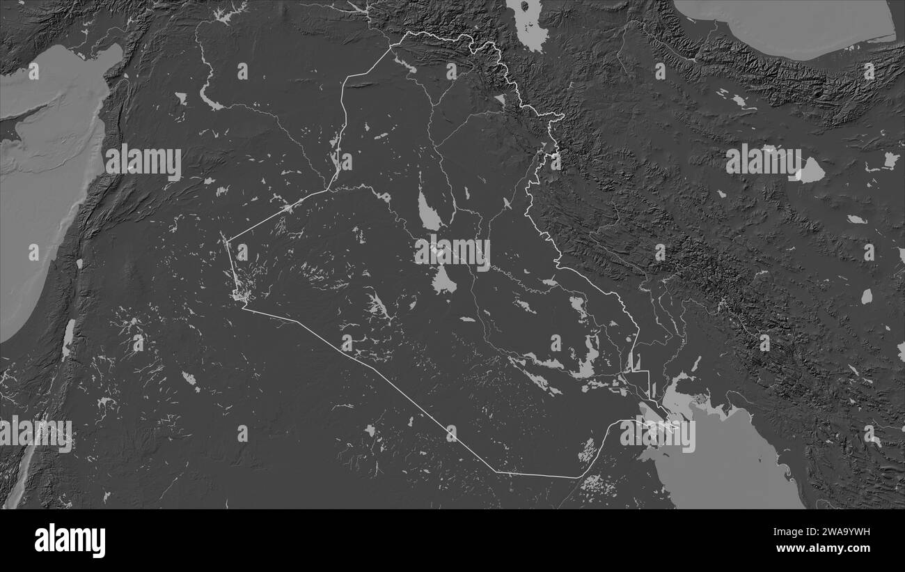 Iraq outlined on a Bilevel elevation map with lakes and rivers Stock ...