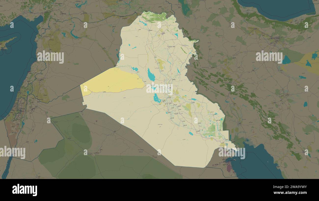Iraq highlighted on a topographic, OSM Humanitarian style map Stock ...
