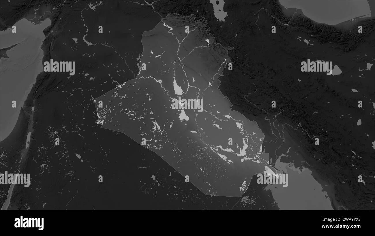 Iraq highlighted on a Grayscale elevation map with lakes and rivers ...