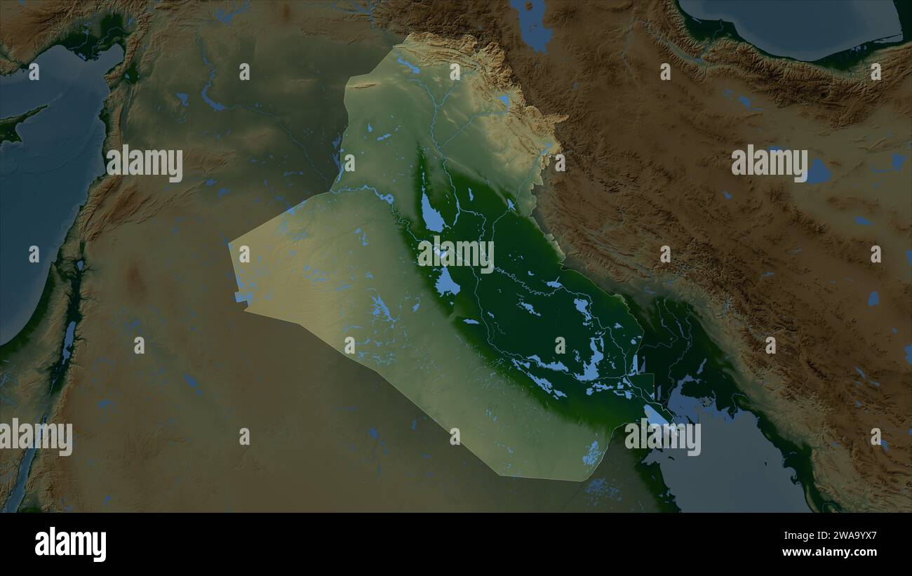Iraq highlighted on a Colored elevation map with lakes and rivers Stock ...