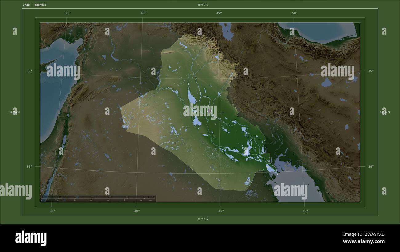 Iraq highlighted on a Pale colored elevation map with lakes and rivers ...