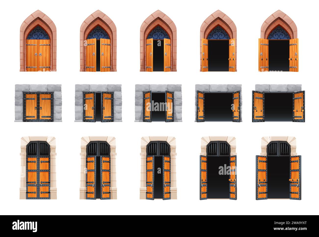 Cartoon castle open gate or door motion animation. Medieval temple ...