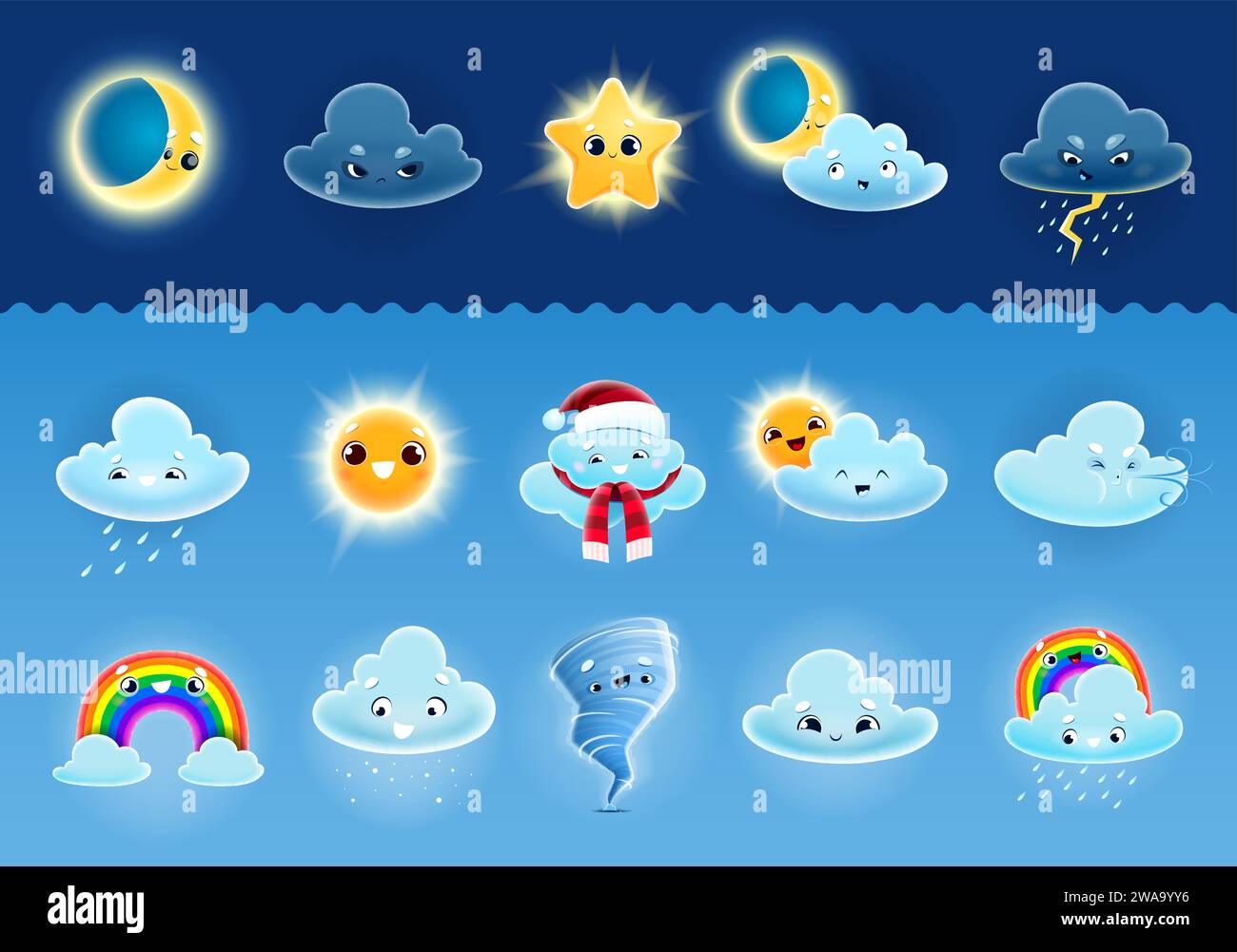 Cartoon Cute Weather Characters Vector Clouds Sun Rain Wind And