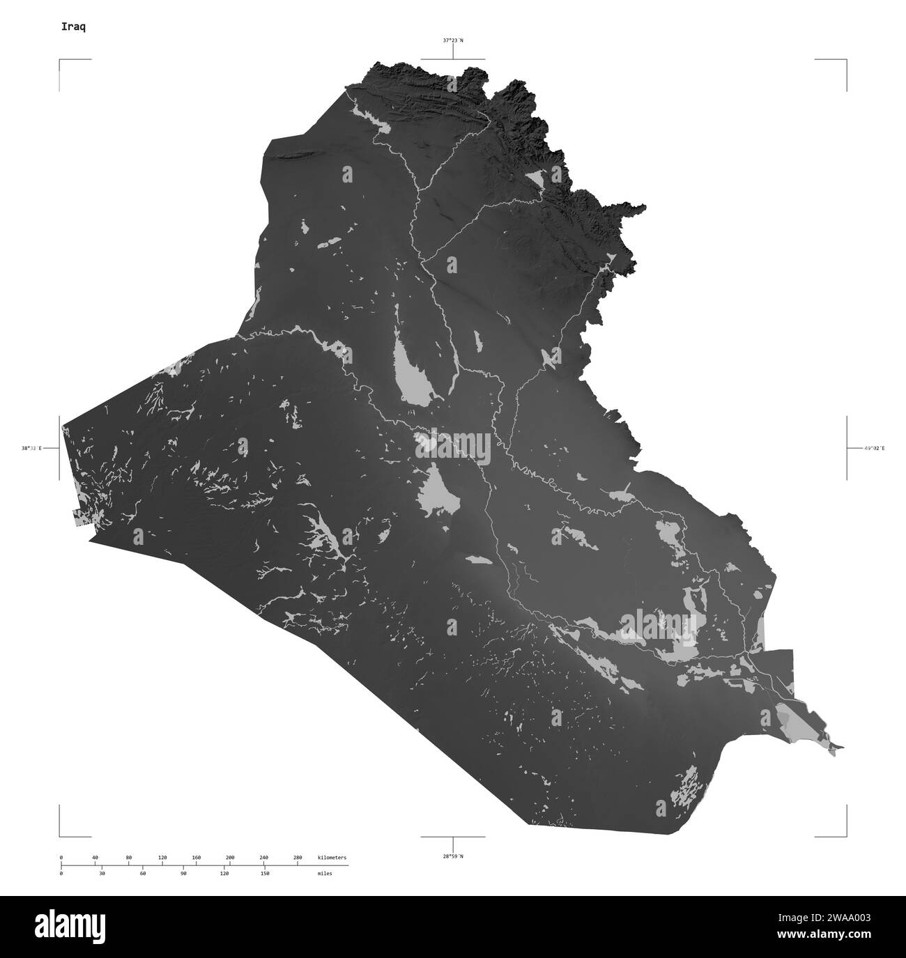 Shape of a Grayscale elevation map with lakes and rivers of the Iraq ...
