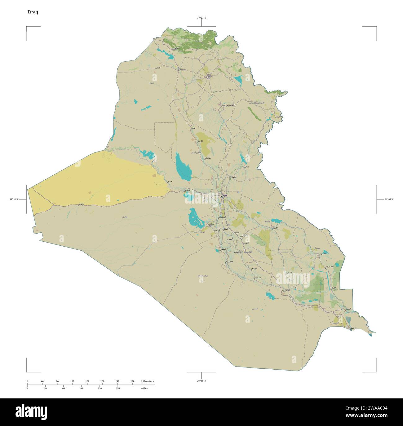 Shape of a topographic, OSM Humanitarian style map of the Iraq, with ...