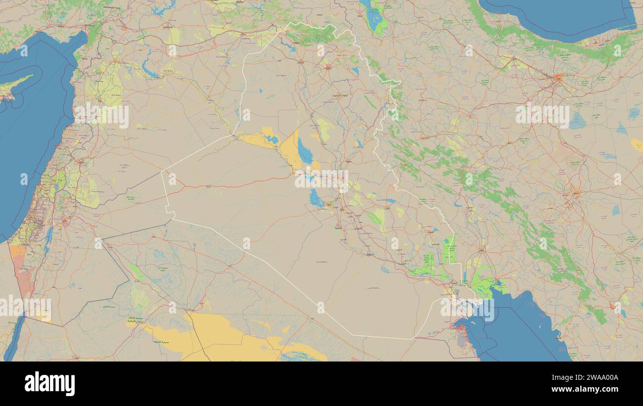 Iraq outlined on a topographic, OSM standard style map Stock Photo - Alamy