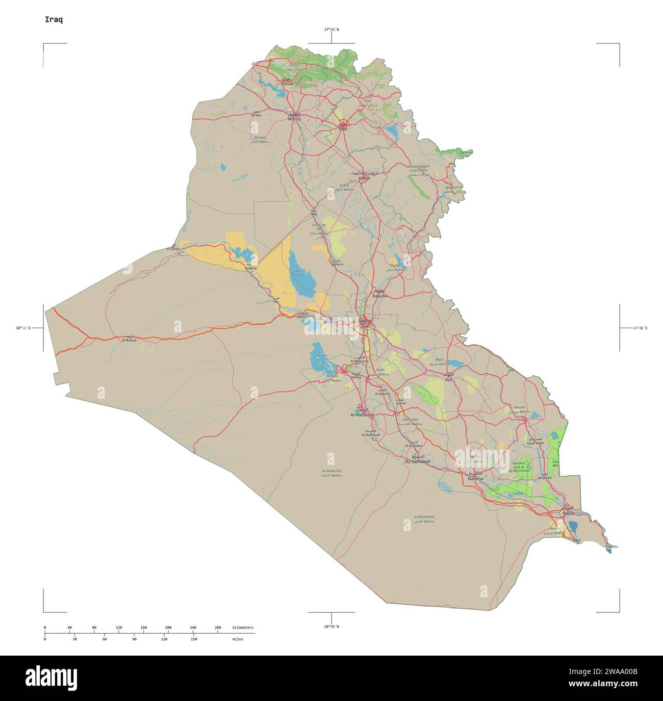 Shape of a topographic, OSM Germany style map of the Iraq, with distance scale and map border ...