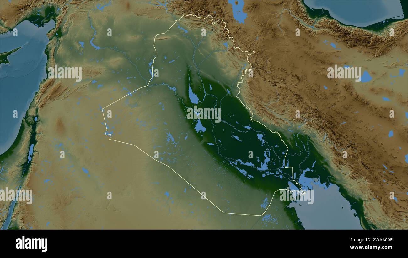 Iraq outlined on a Colored elevation map with lakes and rivers Stock ...