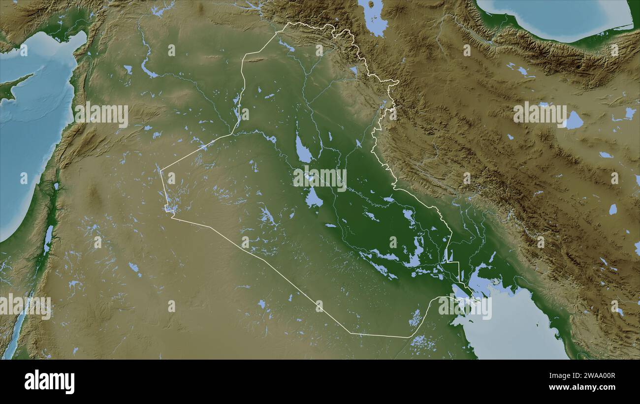 Iraq outlined on a Pale colored elevation map with lakes and rivers ...