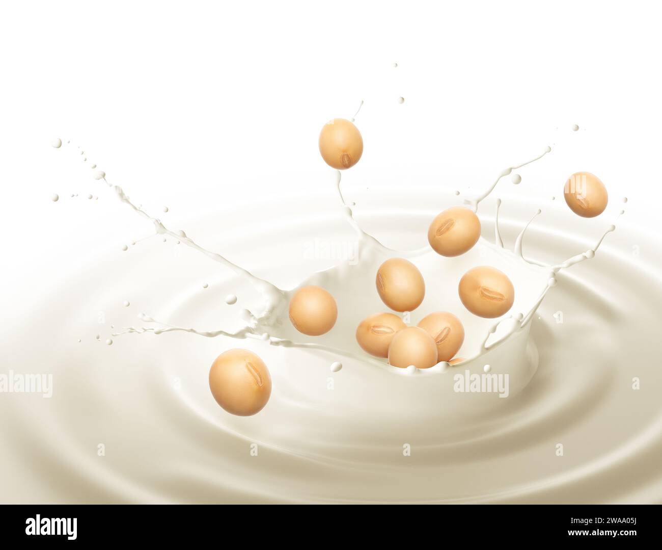 Soybeans falling into milk over white background Stock Photo - Alamy